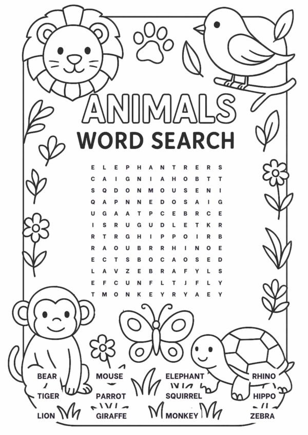 Free Animals Word Search Printable for Kids - afterschoolcareprintables.com