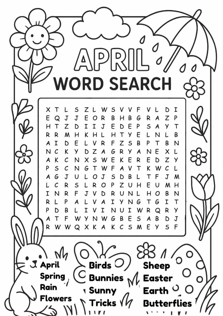 Free April Word Search Printable for Kids - afterschoolcareprintables.com